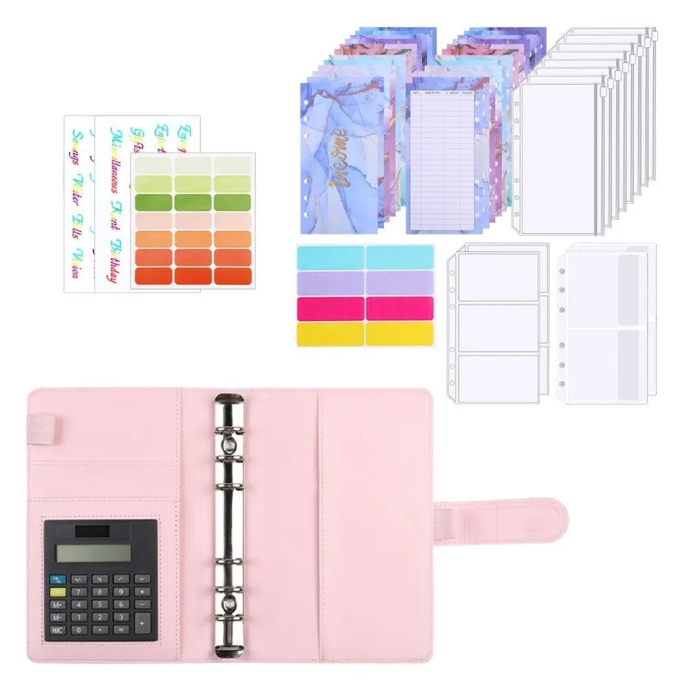 Записная книжка розовая с кольцевым механизмом и калькулятором для учета финансов
