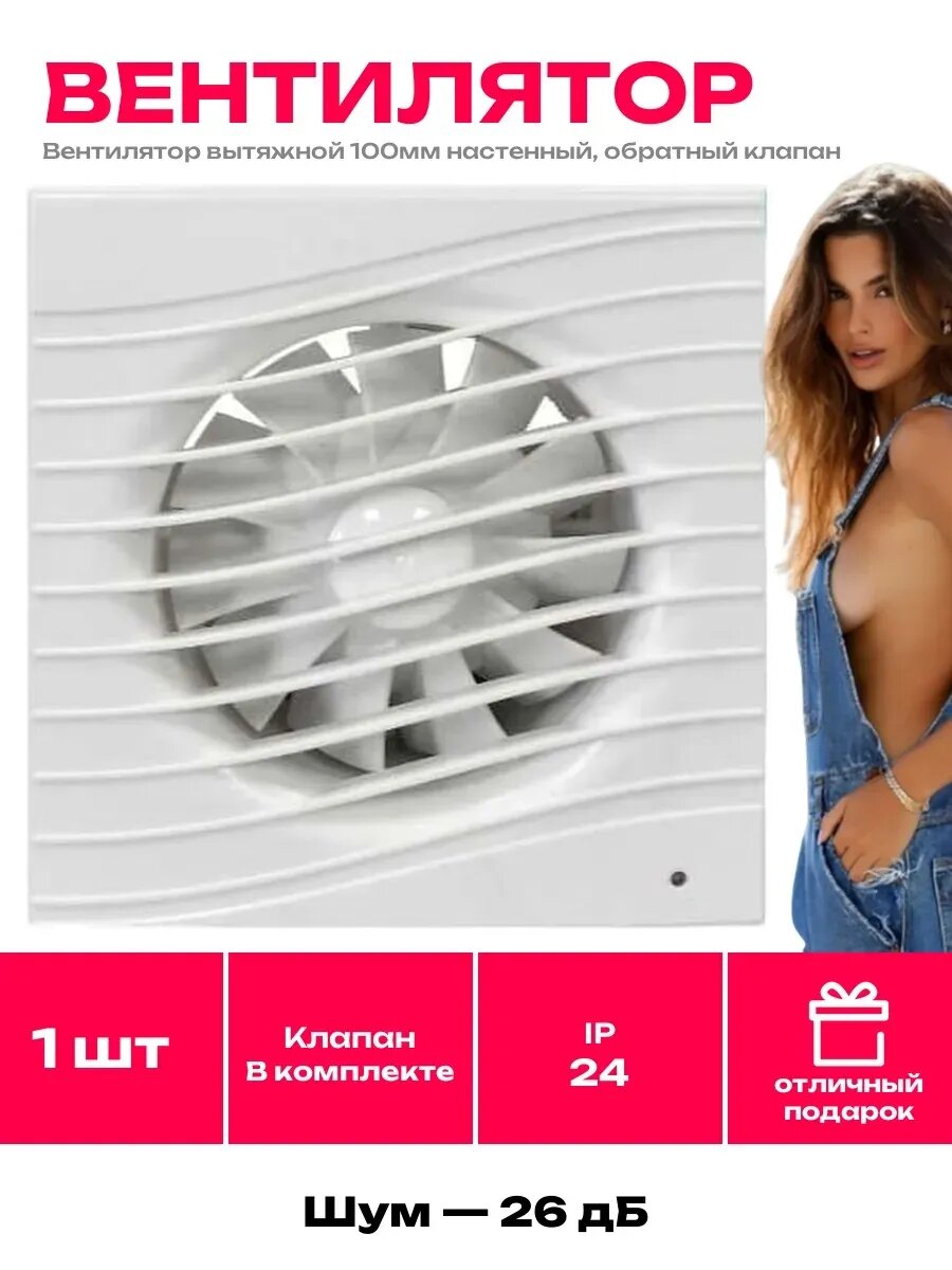 Вентилятор 100мм с клапаном 26дБ, глубина 55мм, для ванной