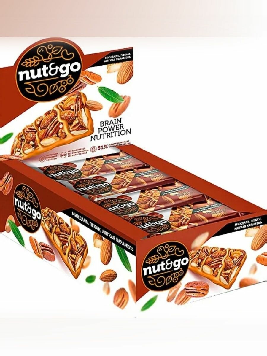 Батончик с миндалём, пеканом, карамелью, морской солью Nut and Go, 36 г, 18 шт
