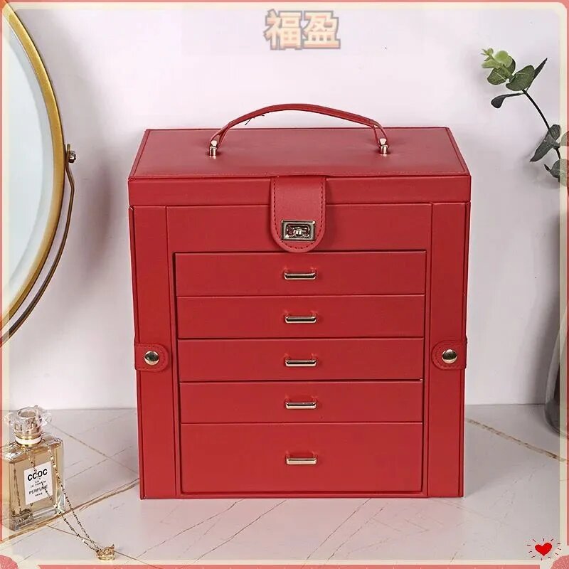 Классическая красная шкатулка для украшений с зеркалом и ручкой 28x17x27 см