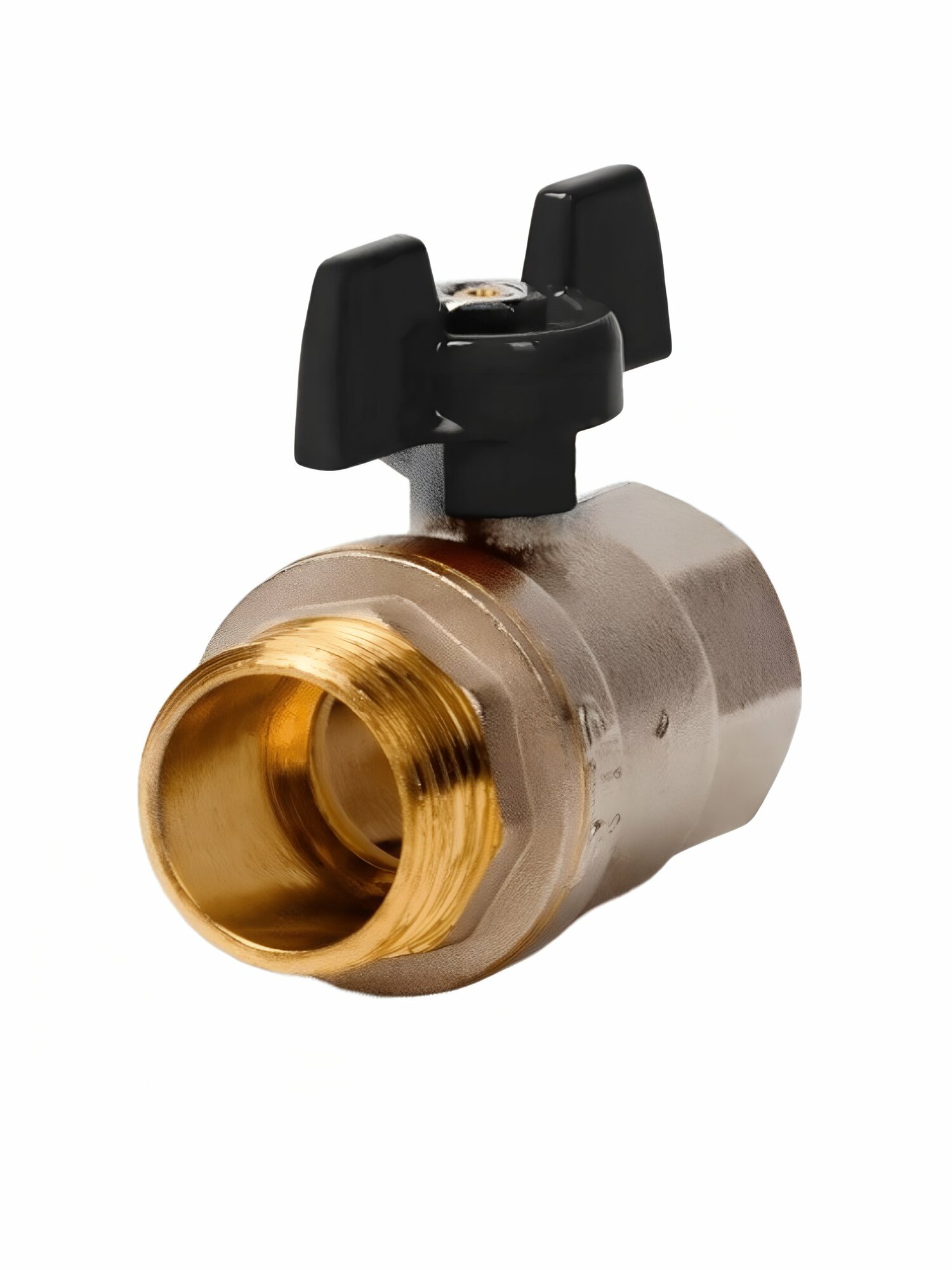 Кран для воды РосТурПласт 1 дюйм с американкой прямой, ручка-бабочка, PN40, цвет хром, артикул 28034, надежная сантехника.