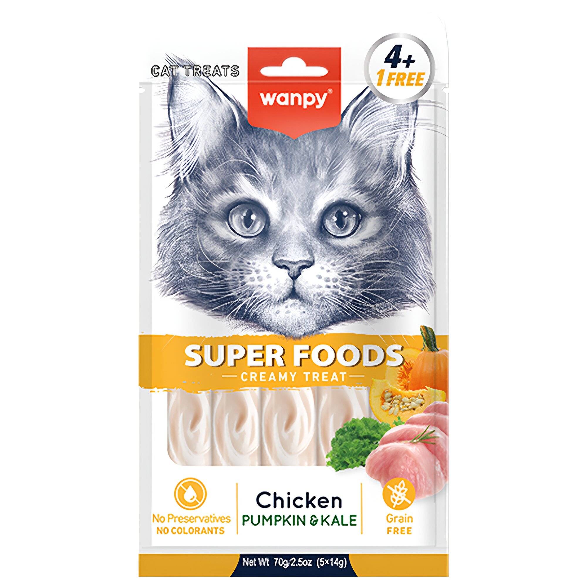 Крем - лакомство для кошек Wanpy Cat Super Food Нежное пюре из курицы с тыквой и кейлом, 1 уп х 70 гр
