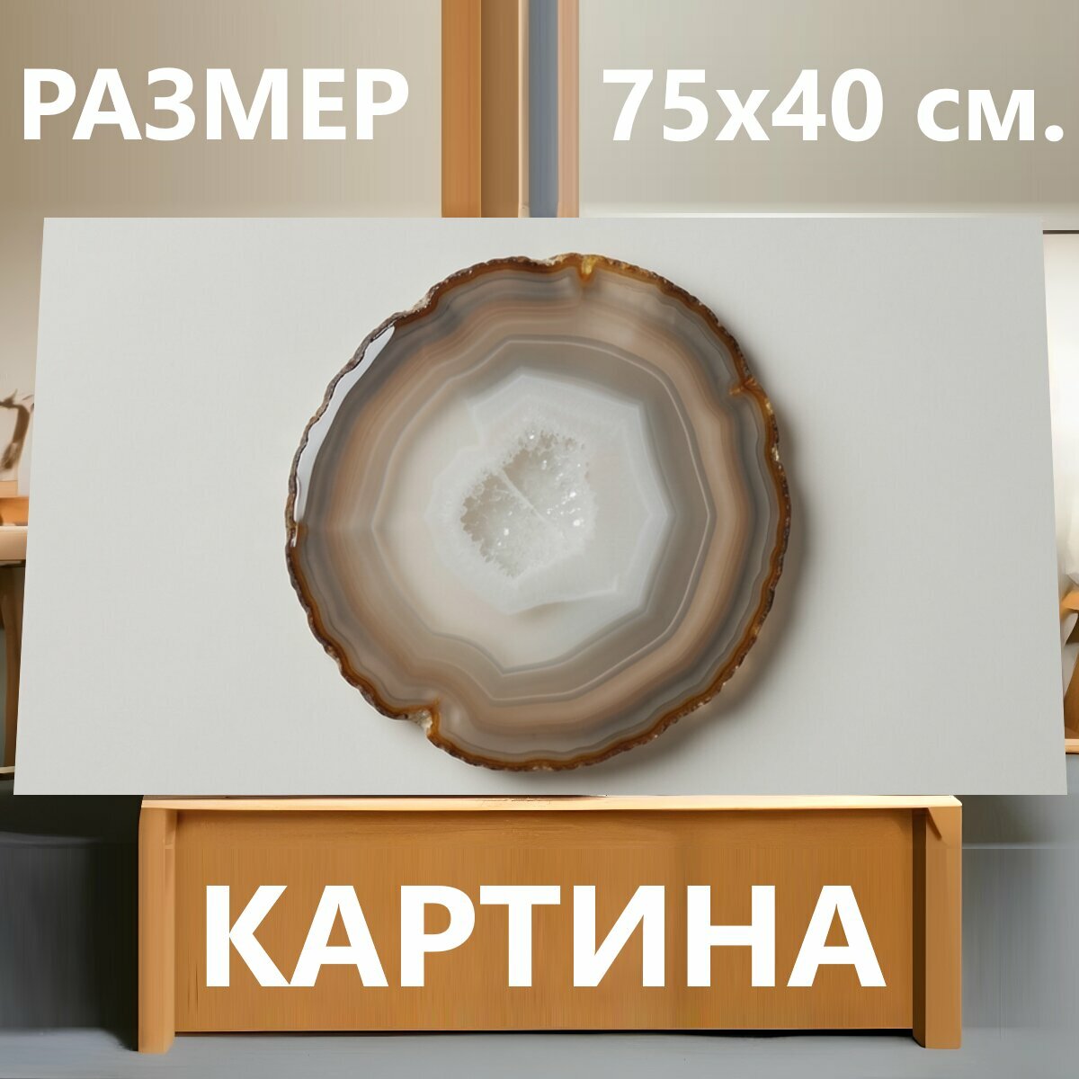 Картина на холсте "Срез агата с кристаллами. Натуральный минерал с концентрическими слоями в бежево-коричневой гамме, светлая кристаллическая." на подрамнике 75х40 см. для интерьера