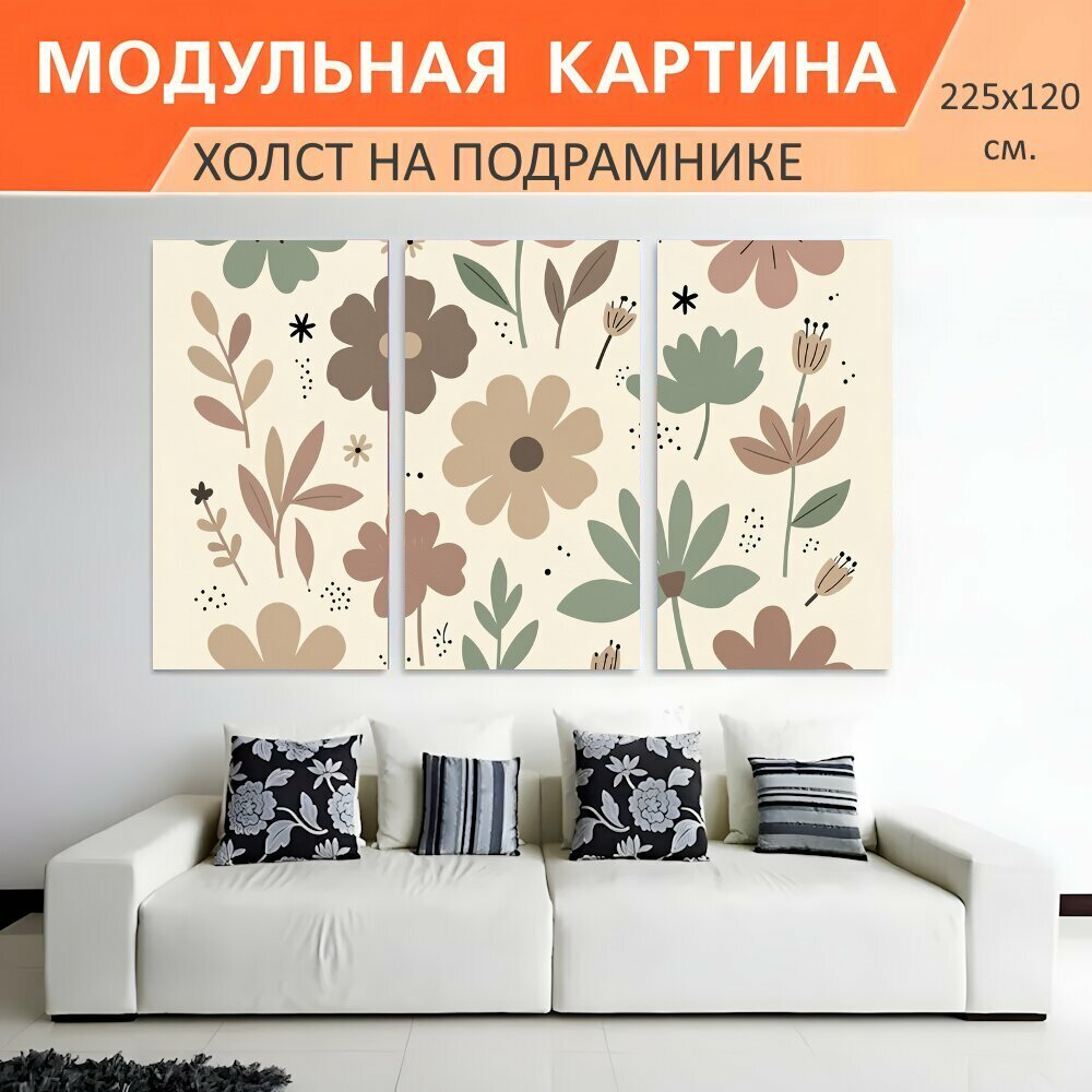 Модульная картина на холсте "Нежные цветы и листья. Абстрактный ботанический узор с крупными бутонами, веточками и листьями в." триптих на подрамнике 225х120 см. для интерьера
