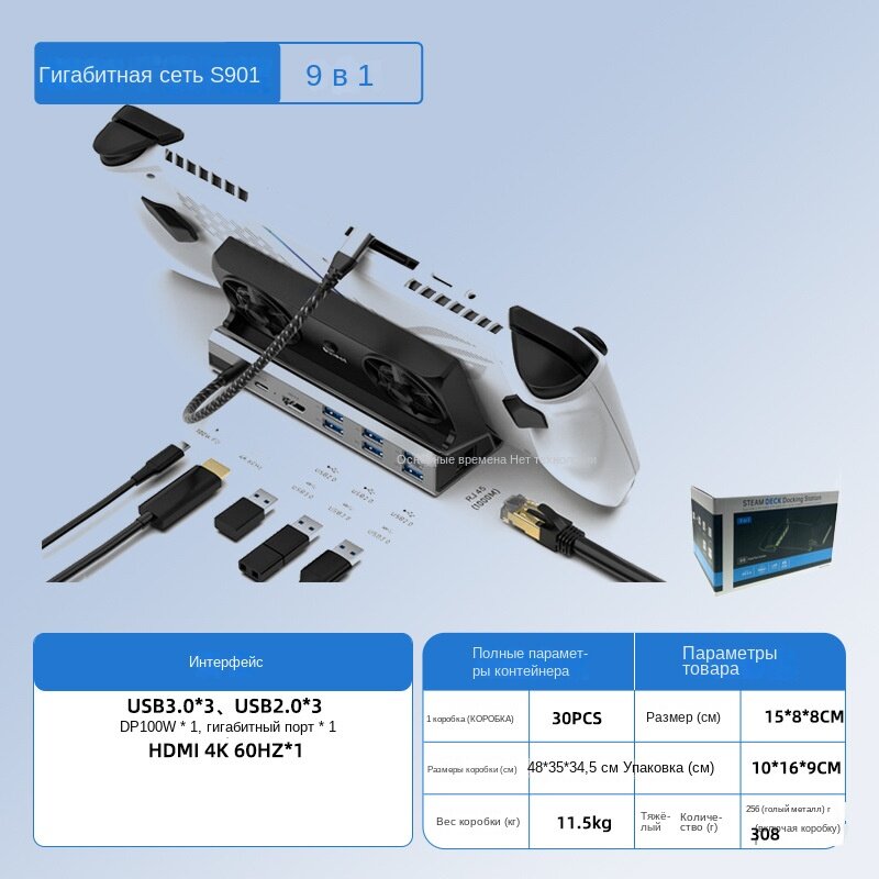 Док-станция для Steam Deck и Switch с вентилятором, Gigabit LAN, HDMI, DP, VGA, USB 3.0, PD 100W, хаб Type-C