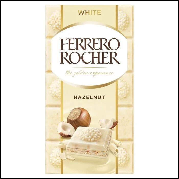 Ferrero Rocher White Hazelnut Шоколад белый с фундуком 90 г - Нежный белый шоколад с ореховой начинкой — фото 1