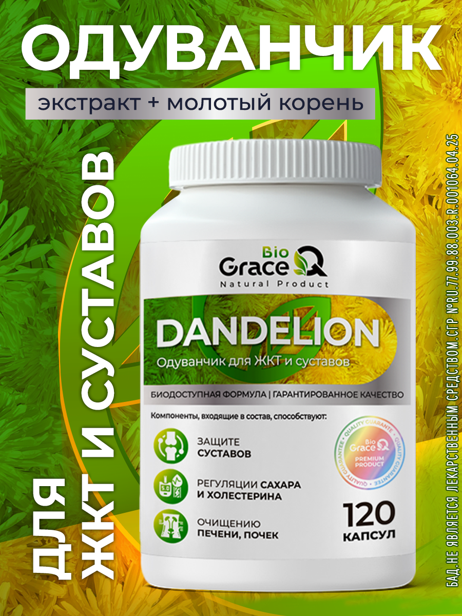 Корень одуванчика GraceBioQ для регуляции уровня сахара и холестерина, улучшения работы ЖКТ и защины суставов 120 капс.
