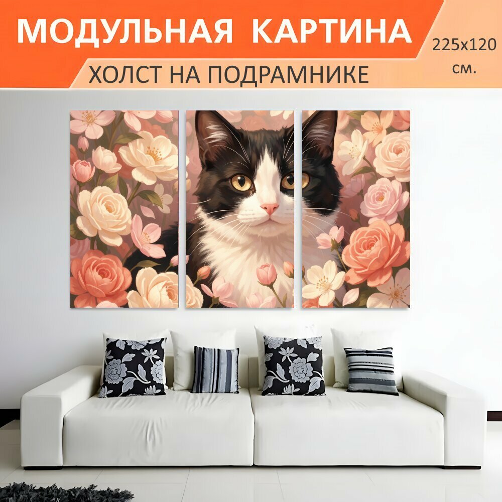 Модульная картина на холсте "Черно-белый кот среди цветов. Милый пушистый питомец с янтарными глазами среди нежных розовых и кремовых." триптих на подрамнике 225х120 см. для интерьера