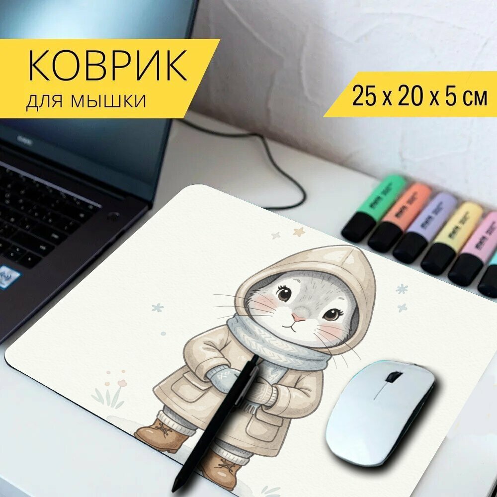 Коврик для мыши с принтом "Кролик в зимней одежде. Милый пушистый зверёк в капюшоне, шарфе и варежках, в нежной акварельной манере. Светлая пастельная палитра, уютный." 25x20см.
