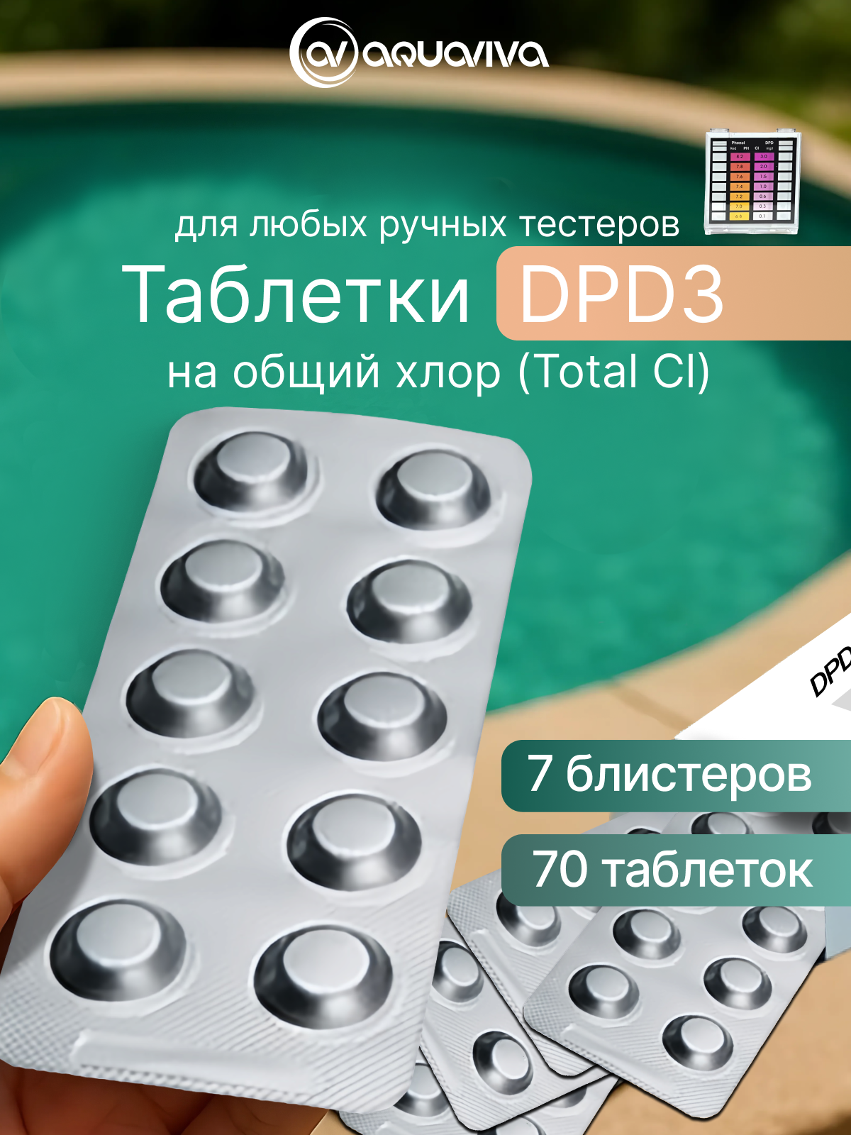 Тестерные таблетки Aquaviva DPD 3, Total Cl- Общий хлор (70 табл.) / Определение параметров воды