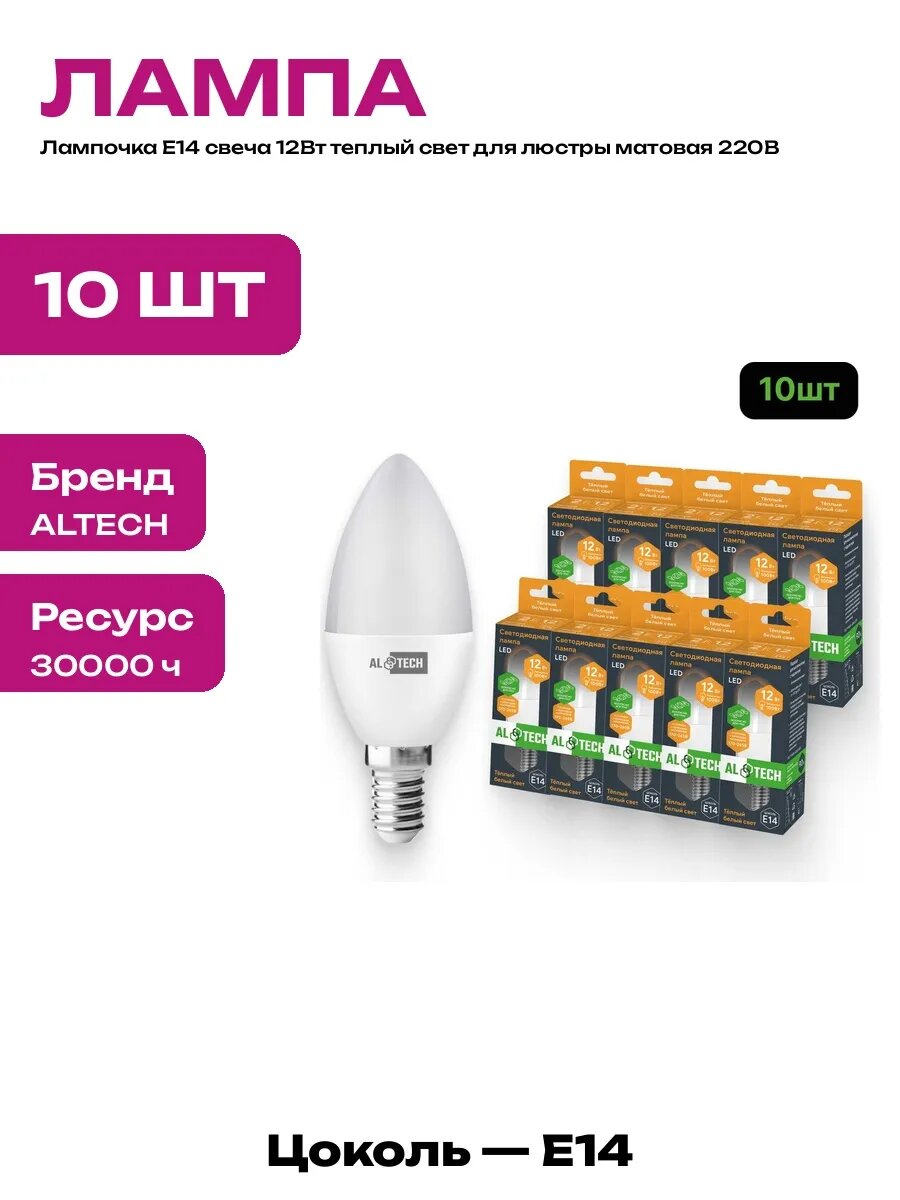 Лампочка светодиодная E14 12Вт матовая свеча теплый свет 220