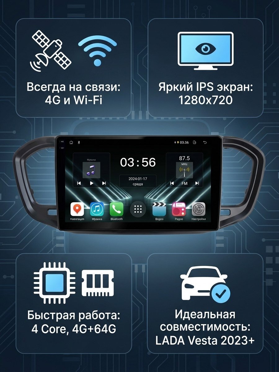Магнитола для Лада Веста (Lada Vesta NG) 2023+ HIGH CAN-BUS (4GB/64GB/WiFi/GPS/BT/IPS)