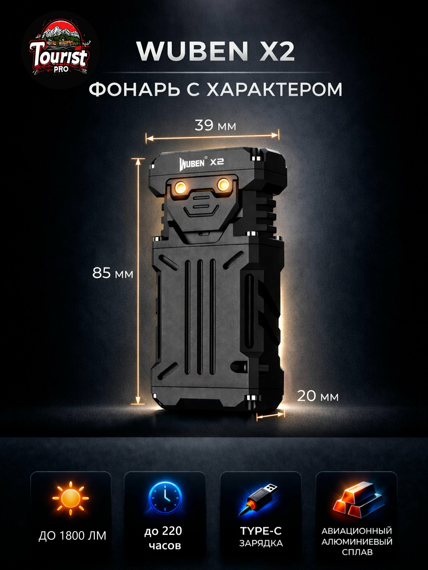 Фонарик Wuben P32 Pro, 3 светодиода, 1800 лм, IP68, 85x39x20 мм, чёрный