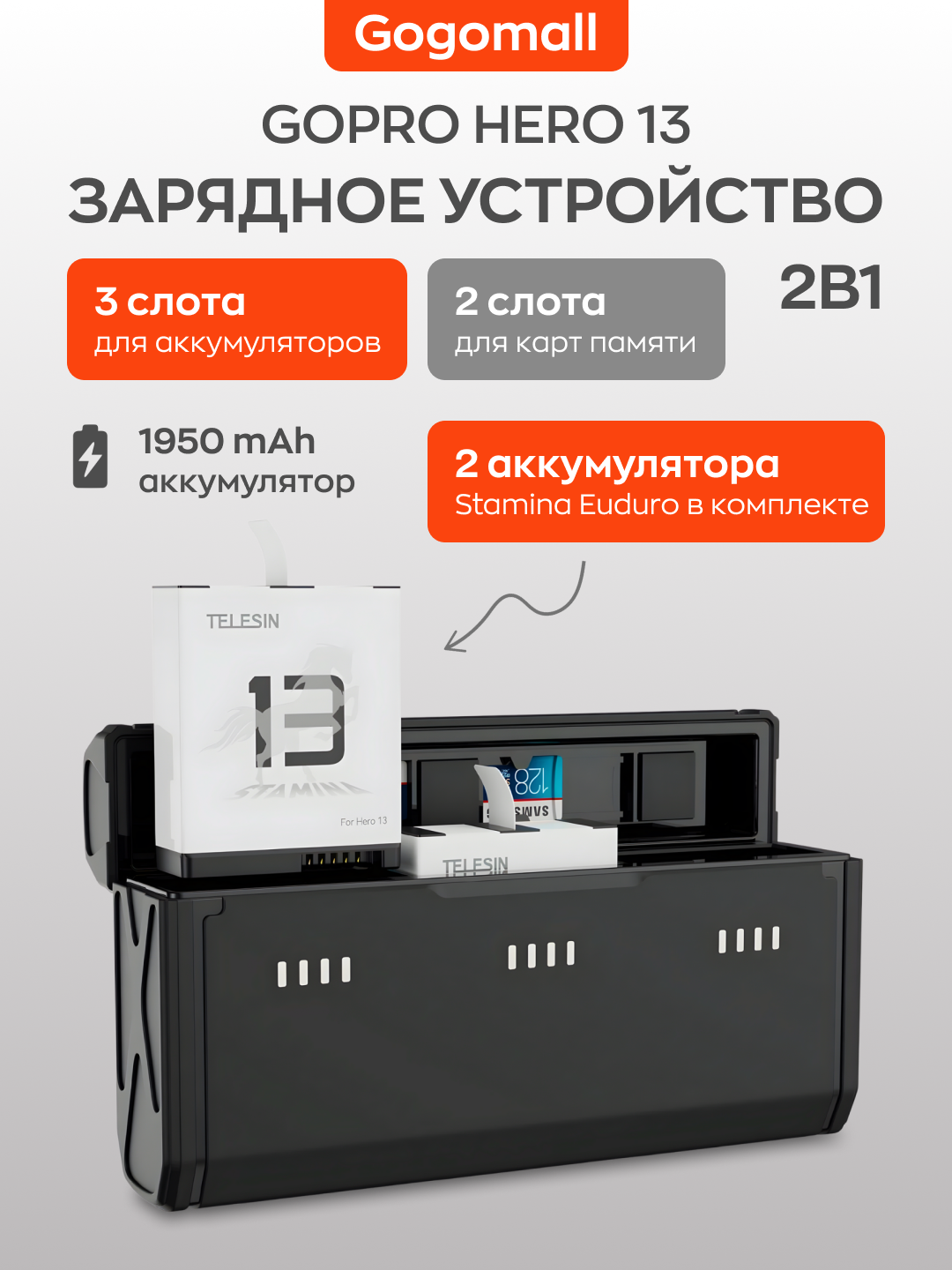 Зарядное устройство Telesin для 3х АКБ GoPro HERO13 + 2 АКБ STAMINA, S0-ECB-09-TGP