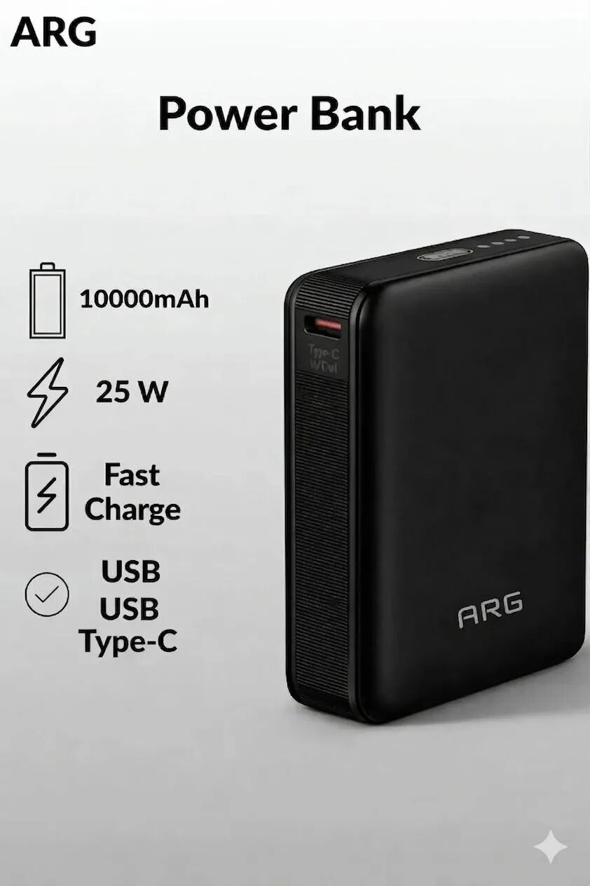 Портативный аккумулятор Power Bank ARG ARG10000TB10, 10 000 мАч, Li-Poly, черный