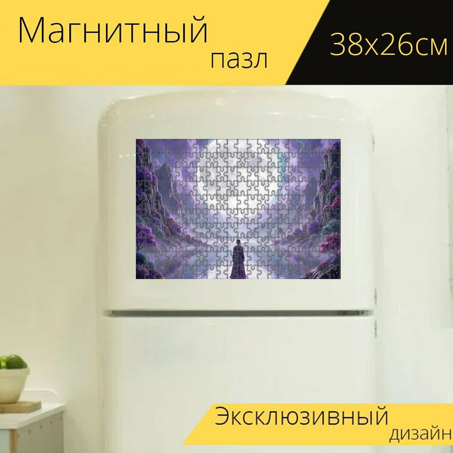 Магнитный пазл "Лунная долина с озером. Фантазийный ночной пейзаж: огромная луна над зеркальной водой, туман, фиолетовые скалы и светящиеся облака." для интерьера, 38х26 см.