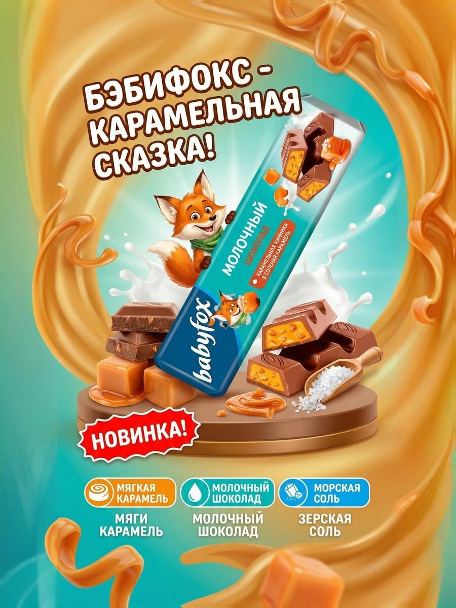 Шоколад молочный "BABYFOX" с карамельной начинкой и солёной карамелью, 30 шт по 45 г