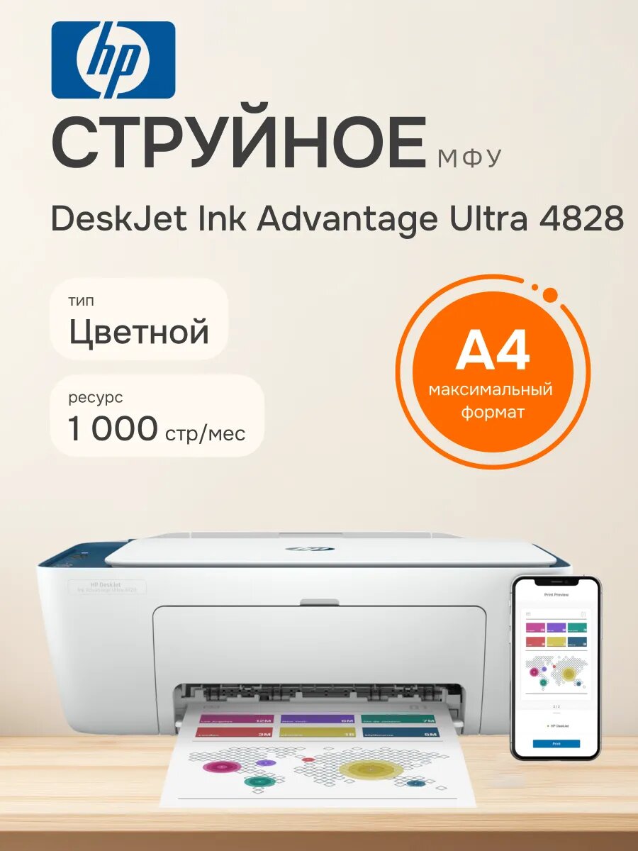 МФУ струйное DeskJet Ink Advantage Ultra 4828, Wi-Fi