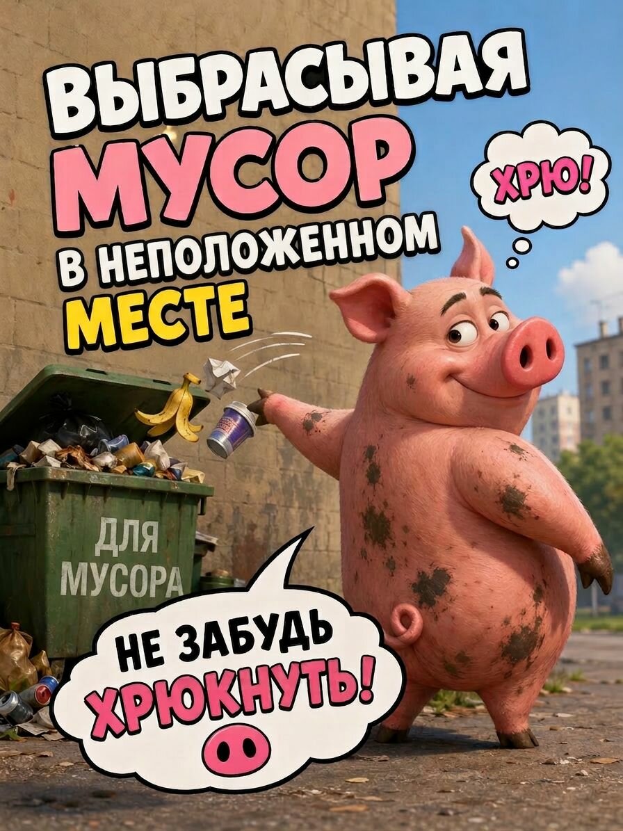 Наклейка "Выбрасывая мусор в неположенном месте, не забудь хрюкнуть!" А4 (30х21см)