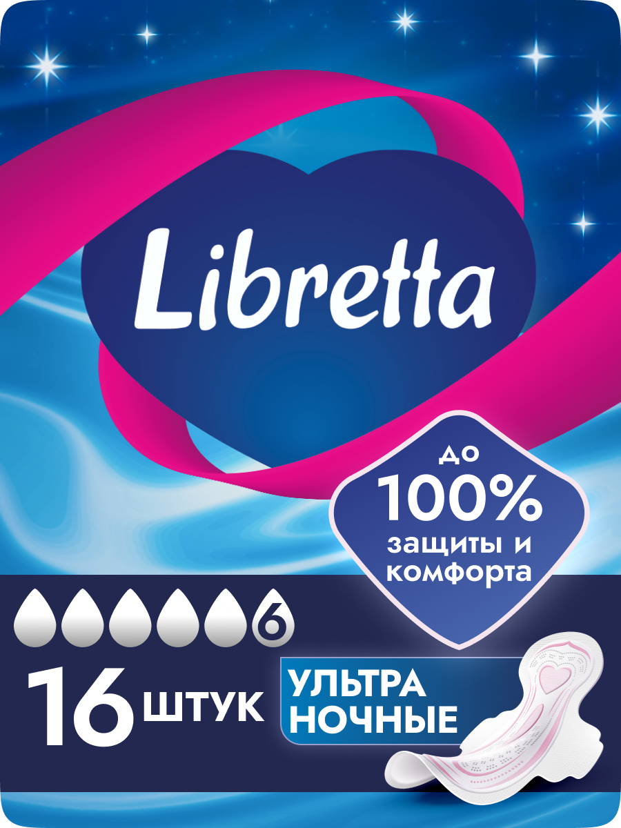 Прокладки Libretta "Ультра", ночные, с крылышками, 6 капель, 16шт