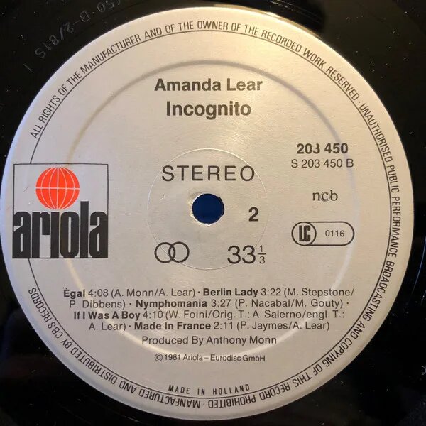 Amanda Lear - Incognito (Holland) EX- — фото 1