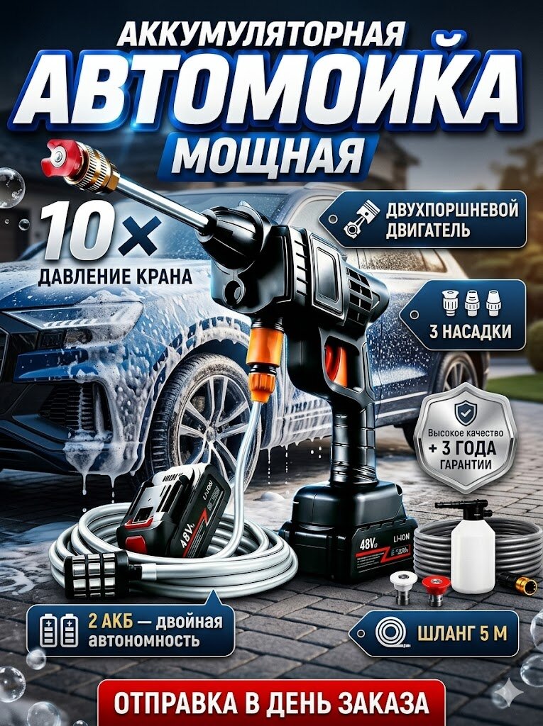 Мойка высокого давления аккумуляторная для автомобиля, Автомойка, в кейсе 2 аккумулятора, 3 насадки