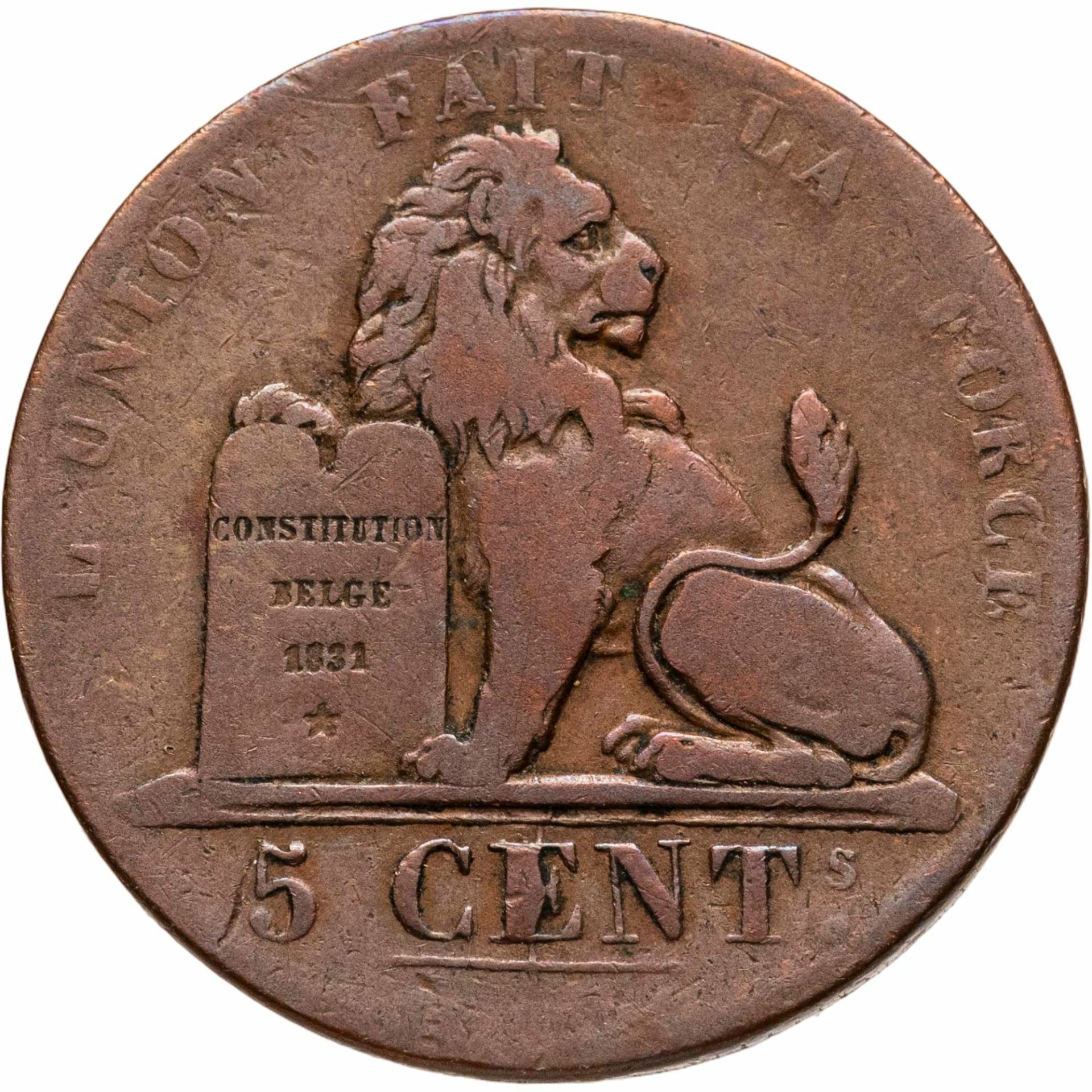 Бельгия 5 сантимов centimes 1837, Медь, в сохранности F-VF