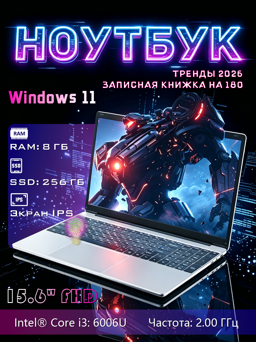 Ноутбук для работы и учебы,15.6"Процессор Intel Core i3-6006U: 2 ядра/4 потока, 2.0 ГГц.8GB RAM SSD 256GB Windows 11PRO