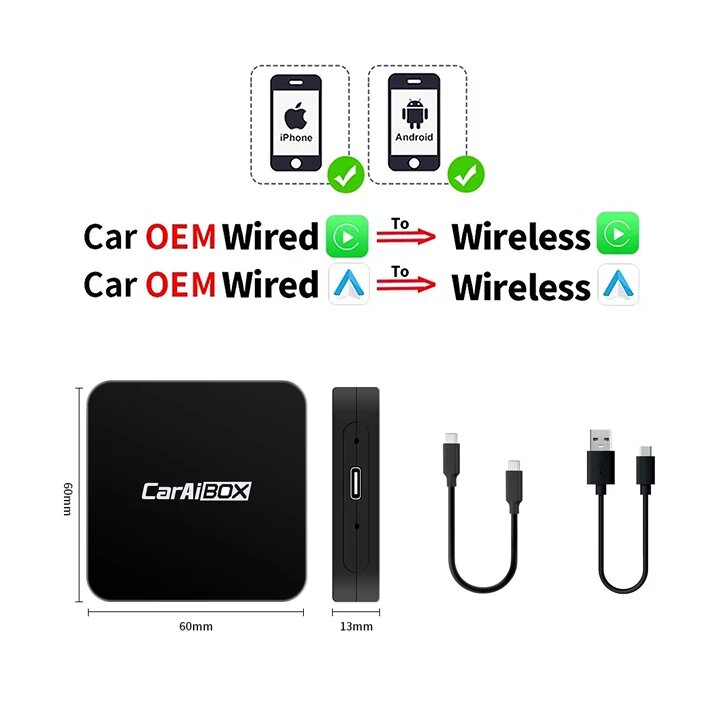 Беспроводной автомобильный адаптер EKIY Mini CarPlay Smart Box для Android с адаптером Apple работает по принципу Plug-and-Play и совместим с автомобилями Volkswagen, Toyota, Peugeot и Volvo.