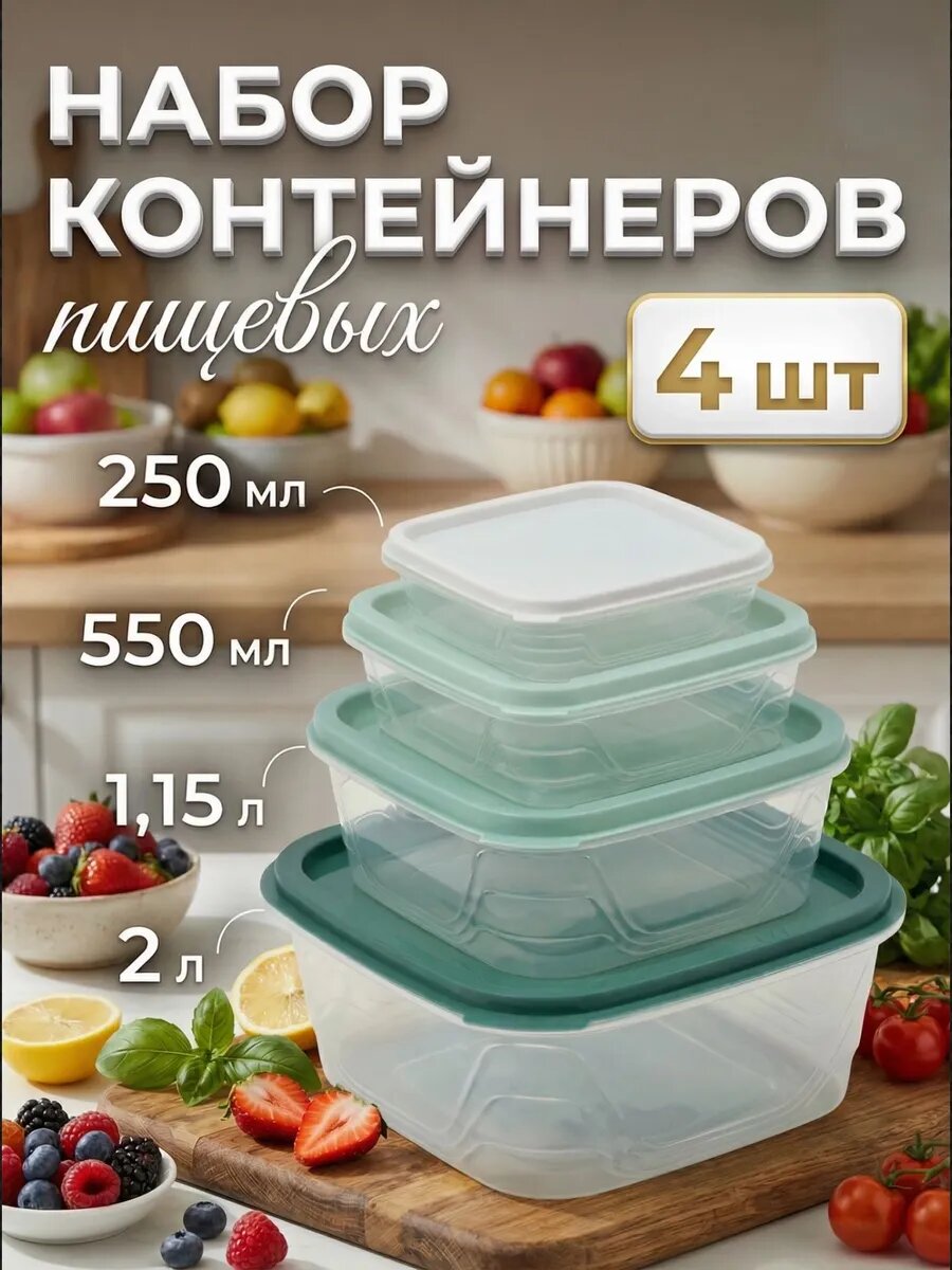 Контейнеры для еды Доляна «Мультиколор», набор 4 шт, пластик, прозрачные
