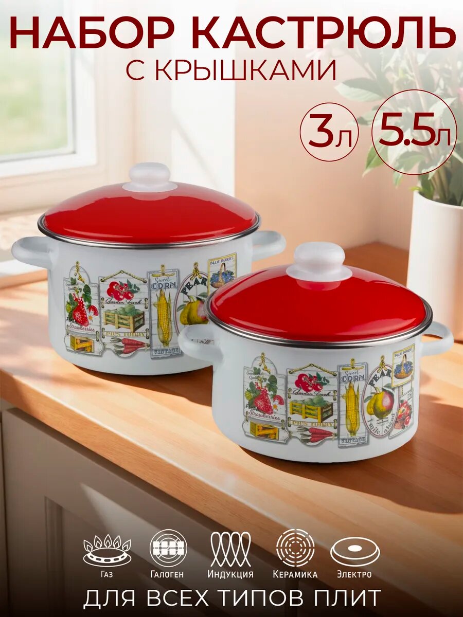 Набор кастрюль Эмаль "Винтаж", 5.5л и 3л, сталь, эмалированное покрытие, для индукции