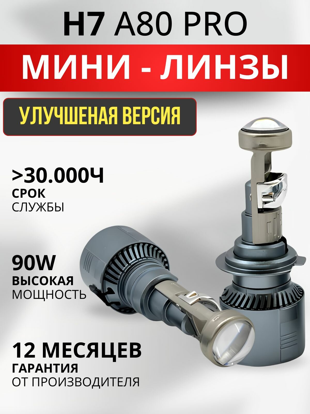 Мини линзы A80 H7 MAX PRO - Светодиодные лампы H7, LED лампы Н7 с линзой