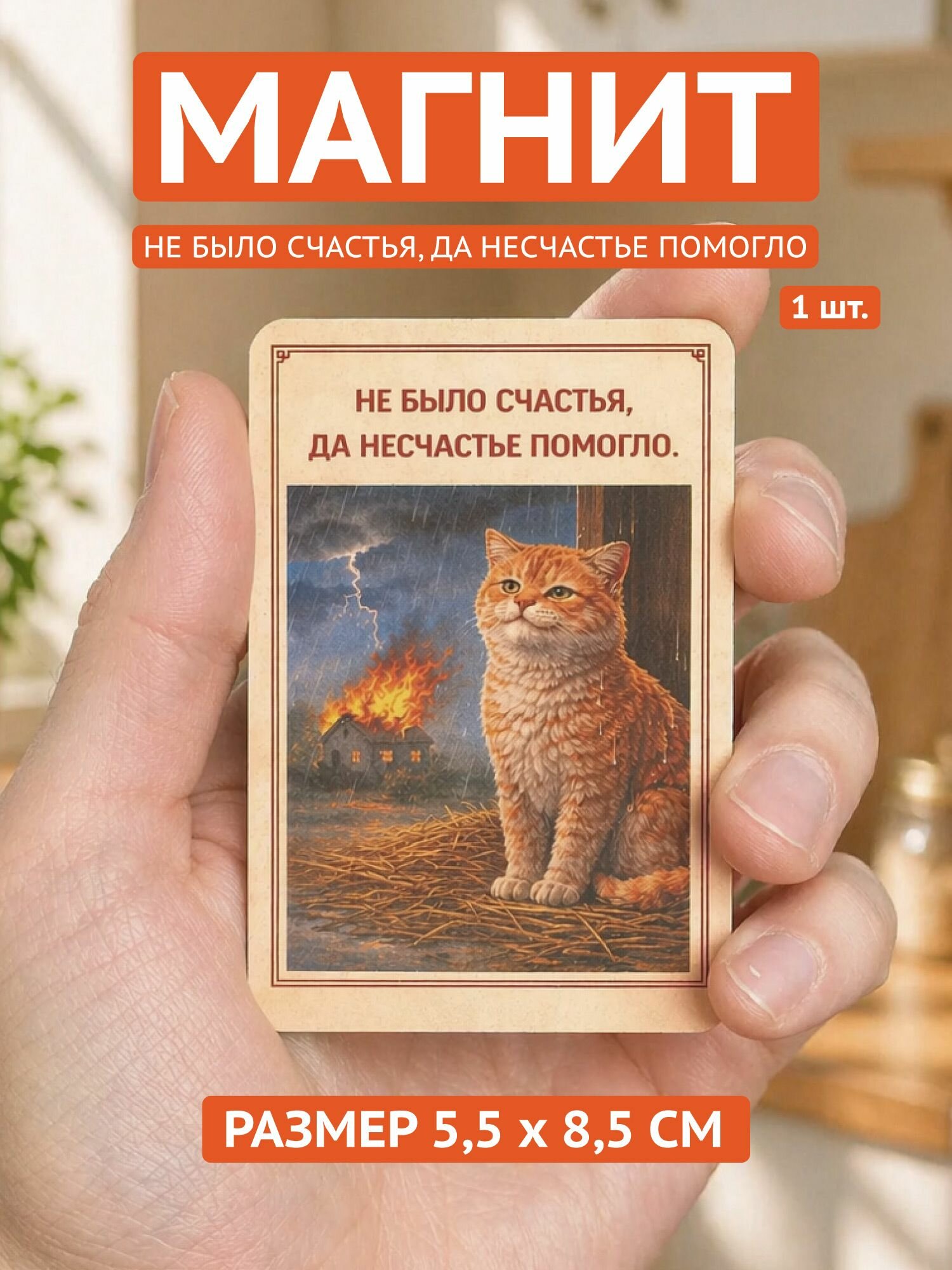Магнит Не было счастья - да несчастье помогло. 5,5 на 8,5 см. 1 шт. Магнитик на холодильник с котиком.