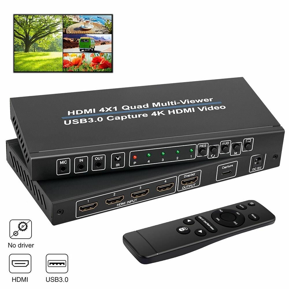HDMI-квадратор с захватом видео 4 входа/1 выход, USB3.0, 4K/30Hz, Audio in/out (ORIENT HS0401QMV-HVC)