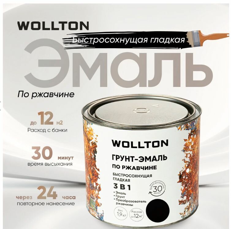 Грунт-эмаль для металла Wollton 3в1 быстросохнущая 1,9 кг черная