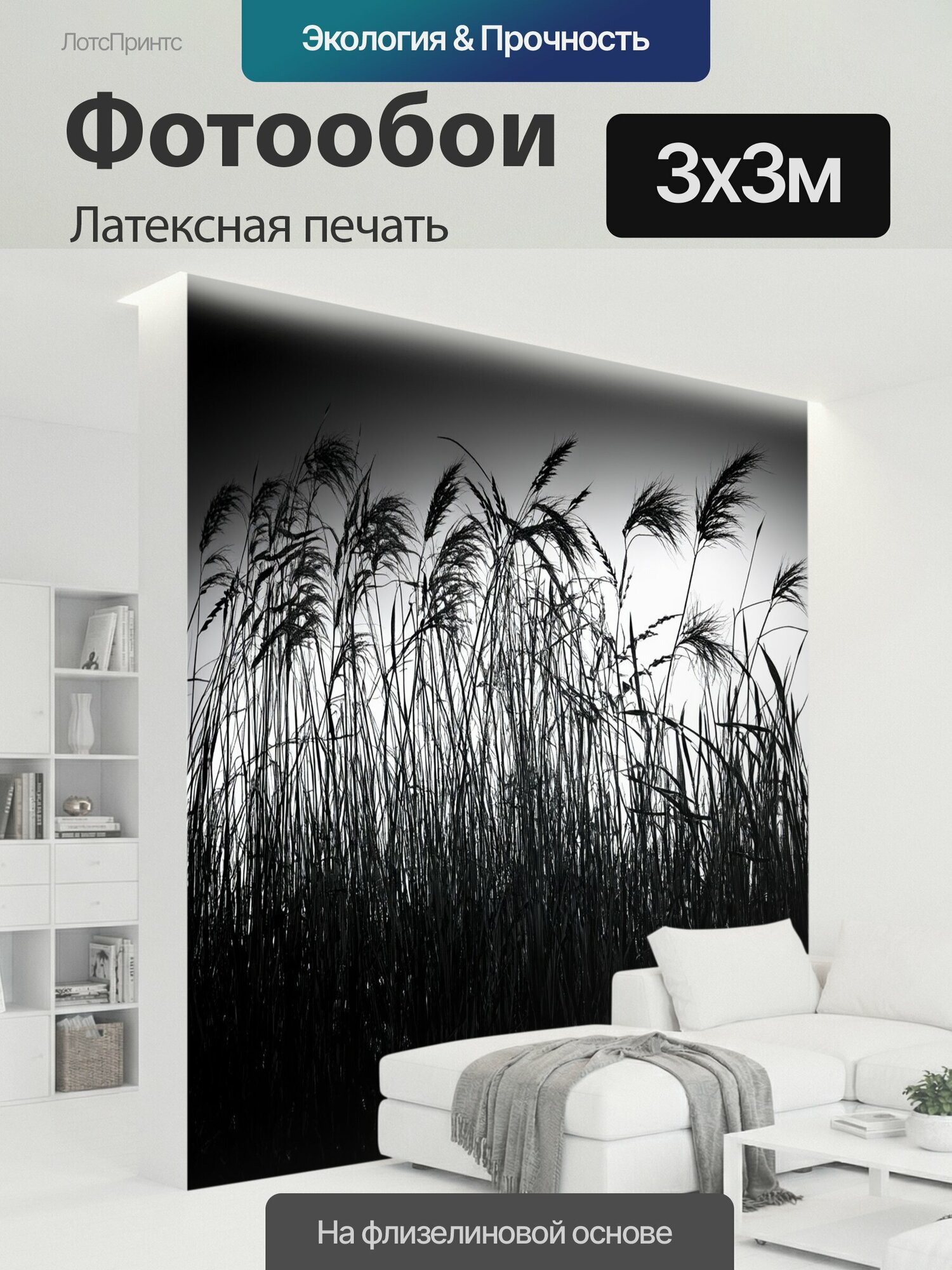 Фотообои моющиеся ударопрочные "Черно-белый, показывающие высокие травы и цветы в кромешной тьме, где техника теней и контуров активно." 300x300 см. латексная печать
