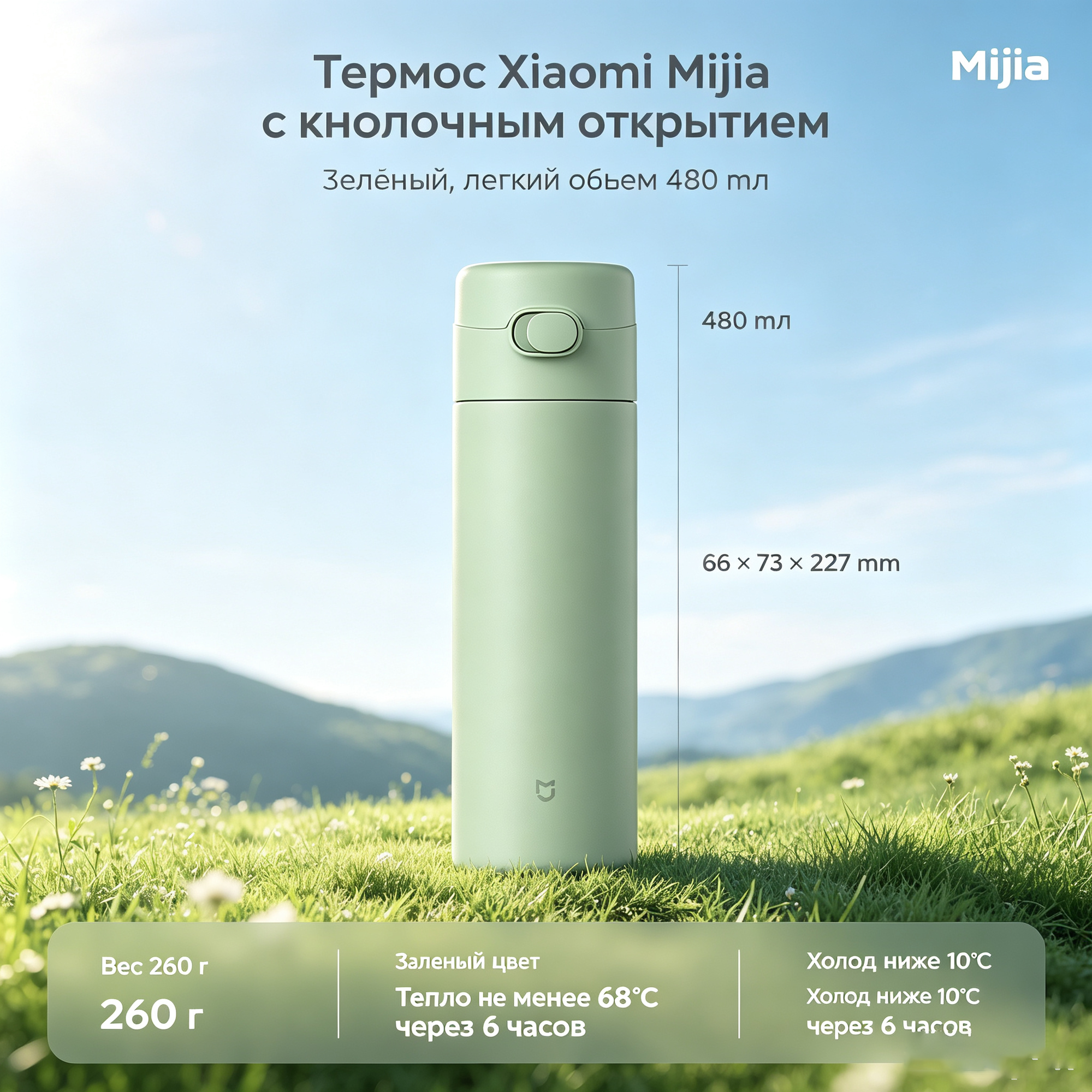 Xiaomi Mijia, термос с подпружиненной кнопочной крышкой, 480мл, пищевая нержавеющая сталь 316L , бамбуковый зеленоватый