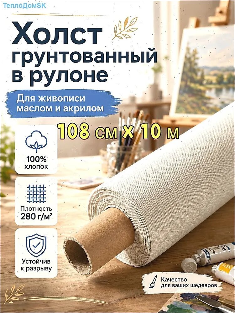 Холст для живописи, в рулоне, хлопок белый, 108x1000 см, 280 г/м
