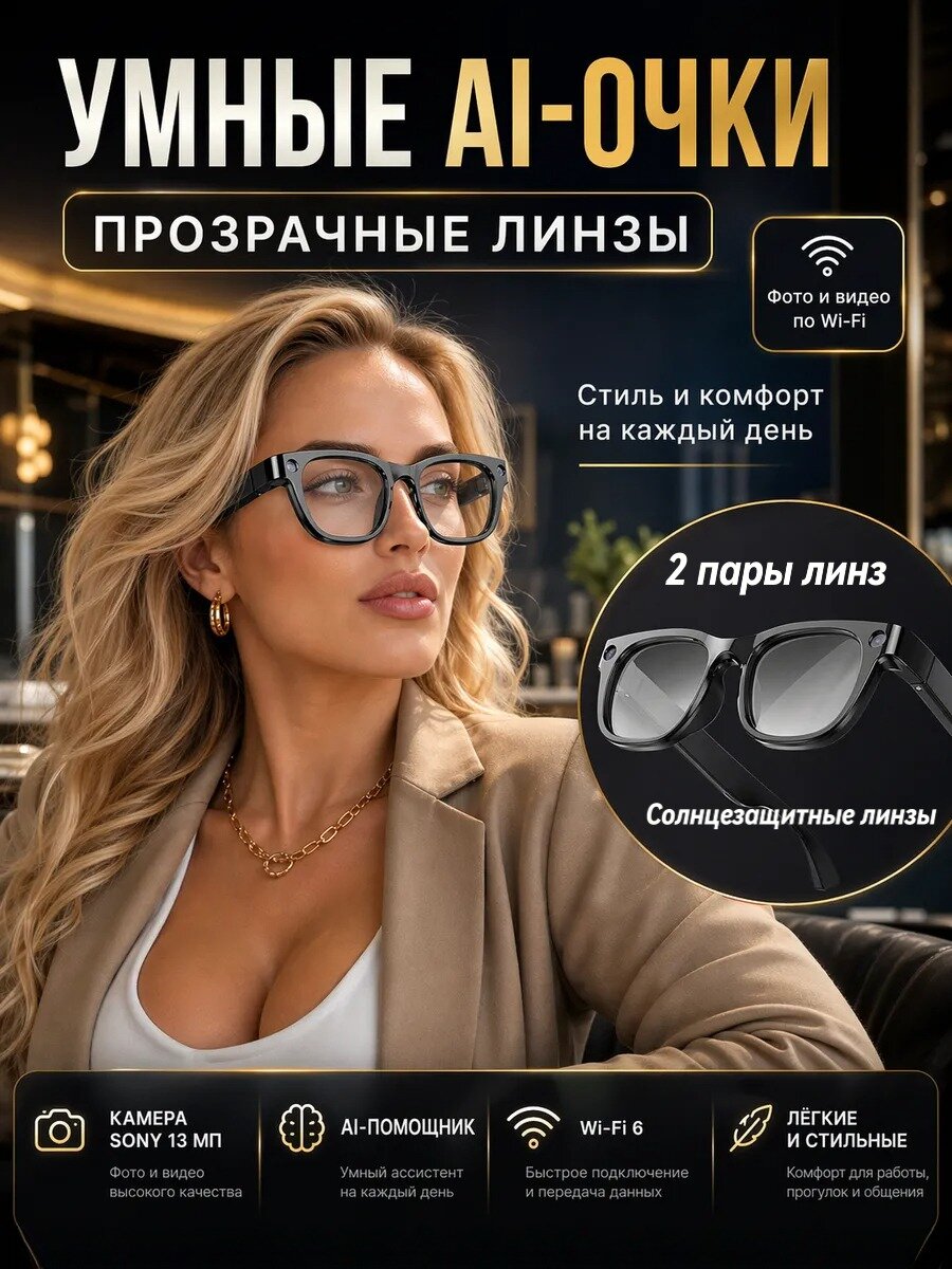 AI умные очки с 13 МП камерой, отвечают на звонки, голосовой помощник, 2 пары линз