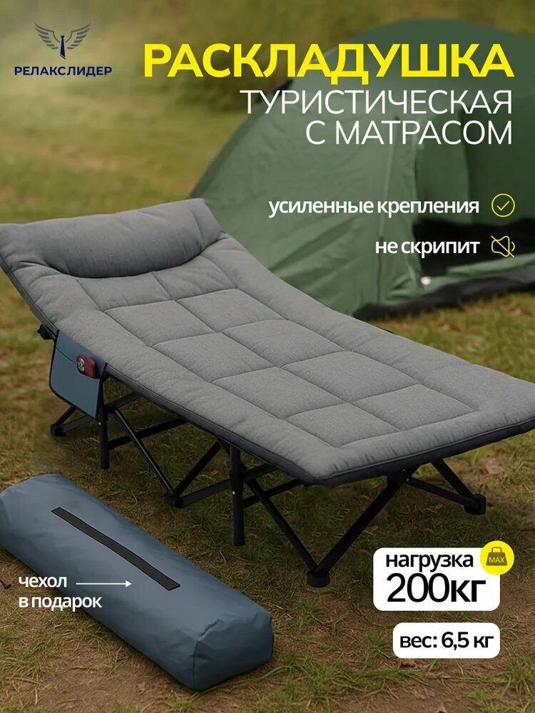 Раскладушка кровать взрослая с матрасом туристическая усиленная 190 х 71, складная