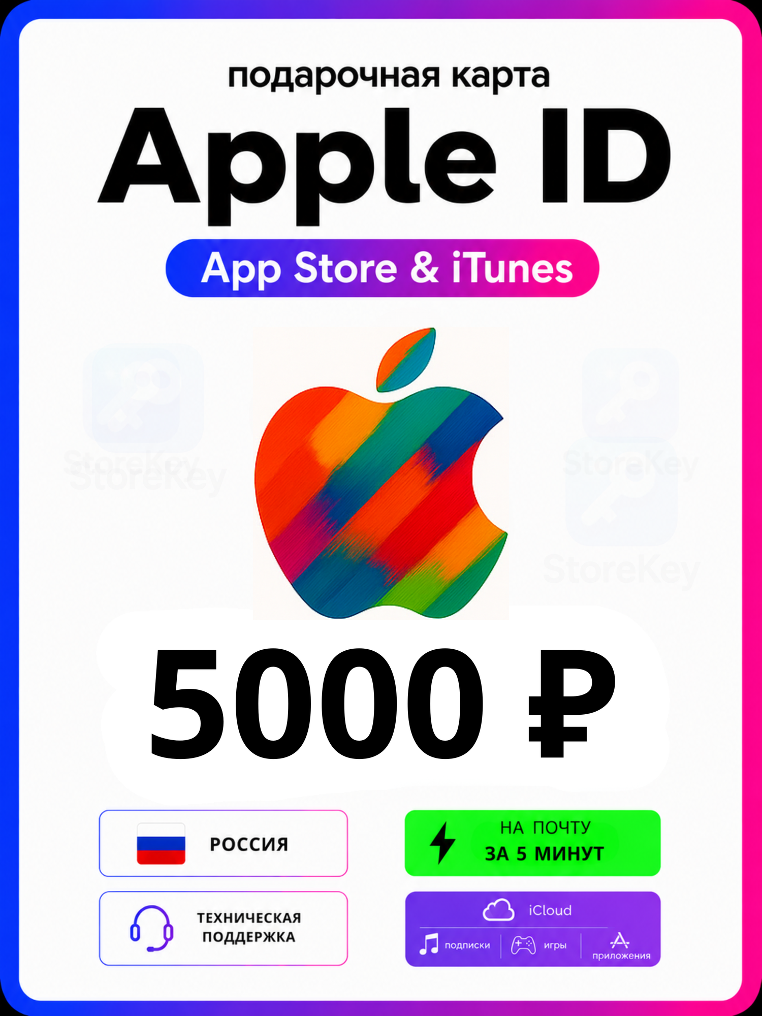Подарочная карта Apple - 5000 рублей / Пополнение App Store (цифровой код iTunes и iCloud) - Россия.