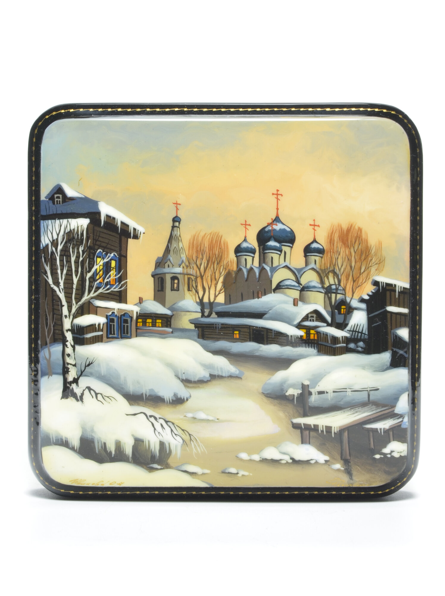 Авторская шкатулка "Зимний пейзаж", Папье-маше. Ручная роспись. 11*11*3 см