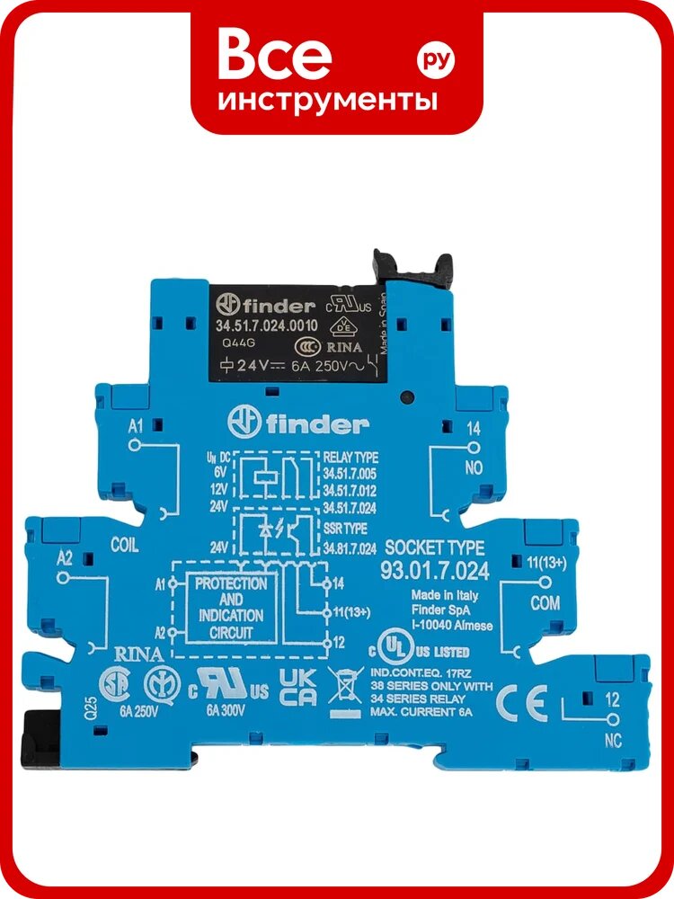 Интерфейсный модуль реле Finder, 1 CO конт. 6а = 24в чувст. пост. тока, винт. зажимы,