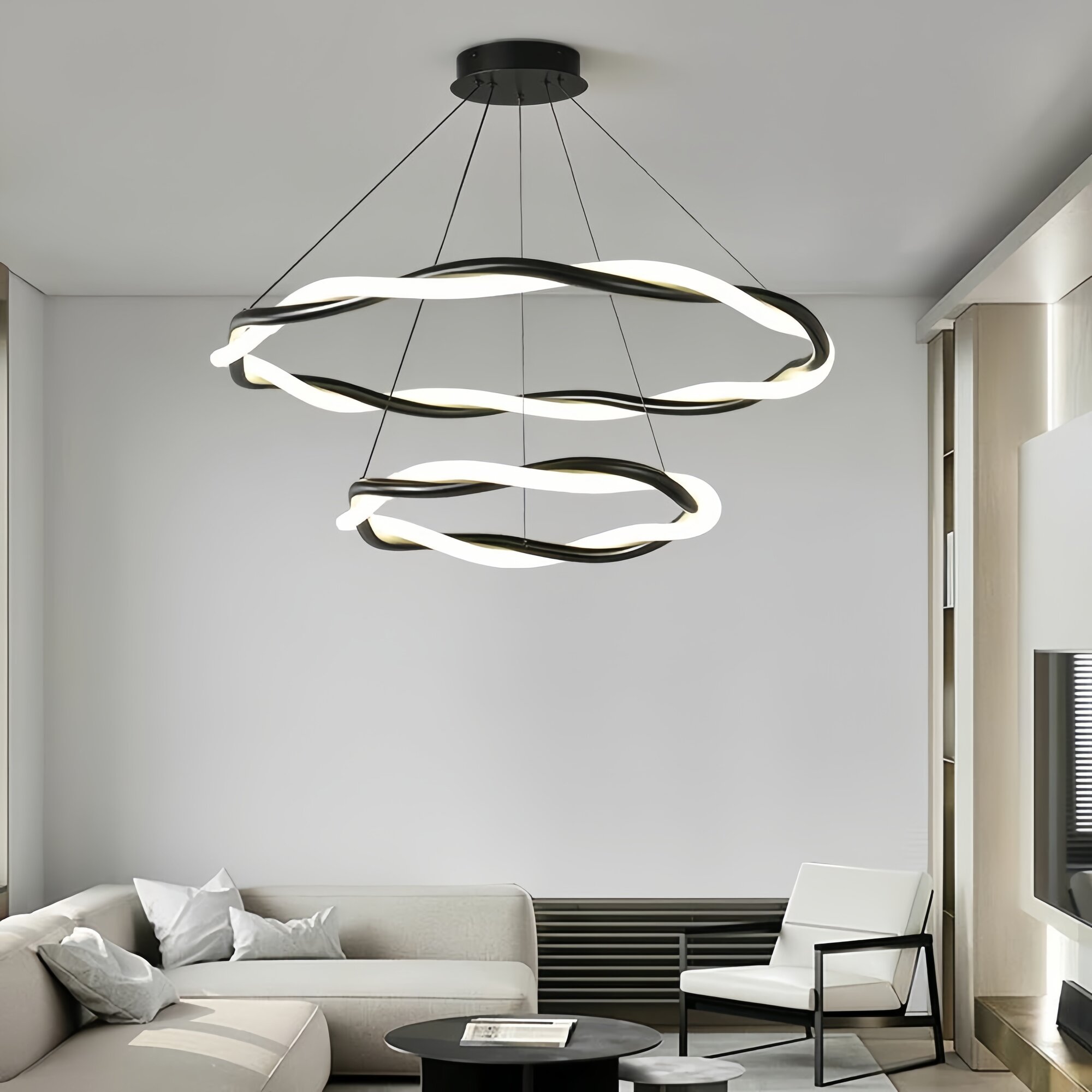 Подвесная люстра Artpad, черный/белый, железо/силикон, LED, диаметр 80+50 см, 3000K тёплый свет, для гостиной