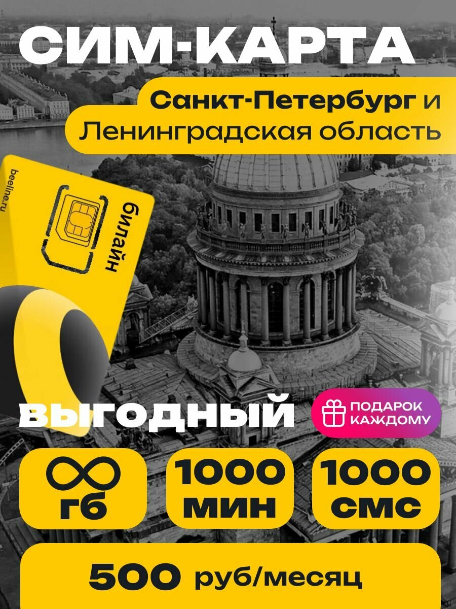 Сим-карта Билайн тариф Выгодный Ленинградская область Безлимитный интернет и 1000 минут за 500 руб.