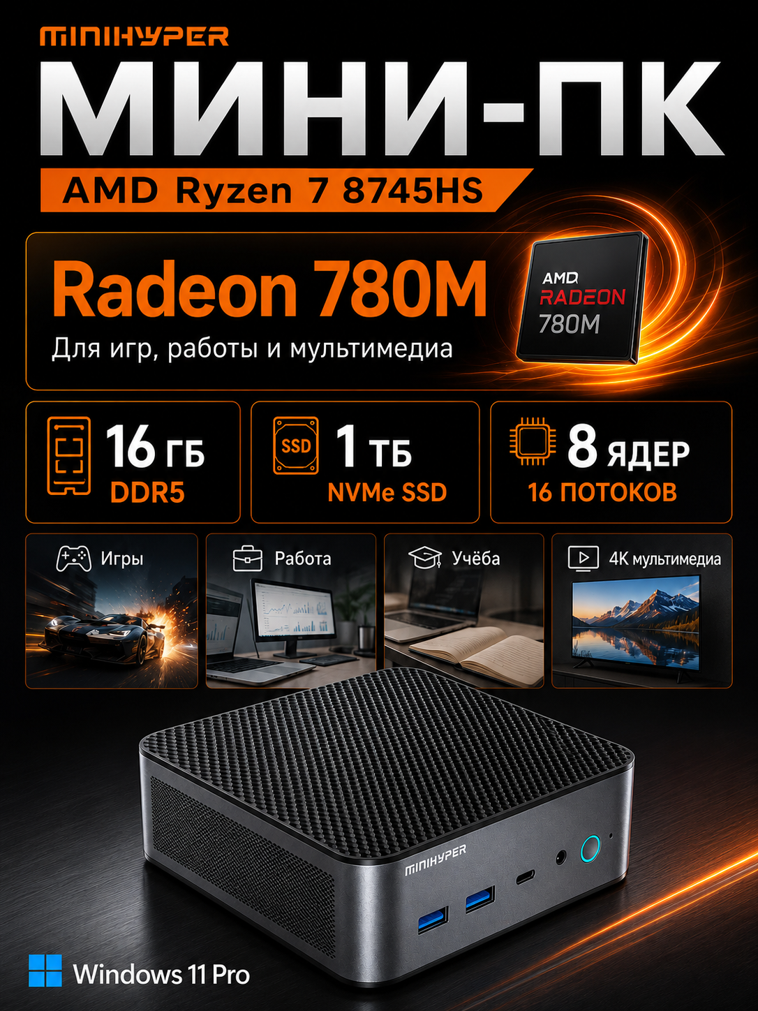 Игровой Мини-ПК AMD Ryzen 7 8745HS, Radeon 780M, 16 ГБ DDR5 RAM, SSD 1 ТБ NVME SSD, Wi-Fi 6E, для дома и работы