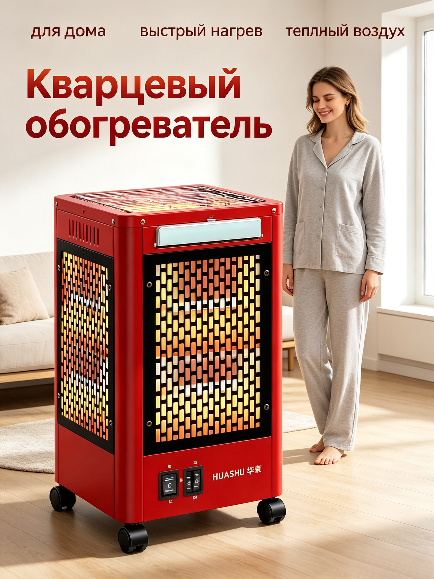 Обогреватель электрический 2000W 5-сторонний с грилем и колесами