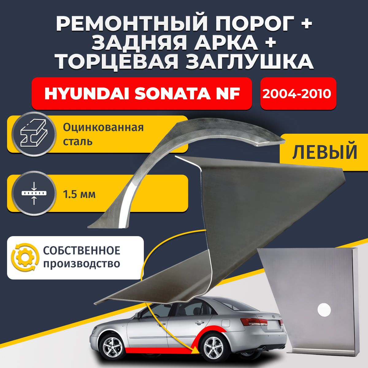 Левая задняя ремонтная арка (0,8 мм) и левый стандартный ремонтный порог (1,5 мм) + торцевая заглушка (1,5 мм) на Hyundai Sonata 2004-2010 5 NF седан (Хендай Соната 5 НФ). Оцинкованная сталь