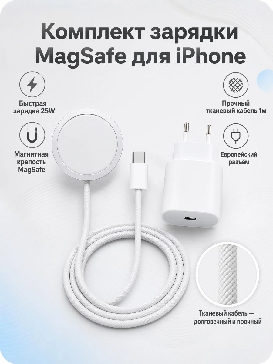 Комплект зарядной станции 20W с зарядным устройством Apple MagSafe 25W с тканевым кабелем для iPhone