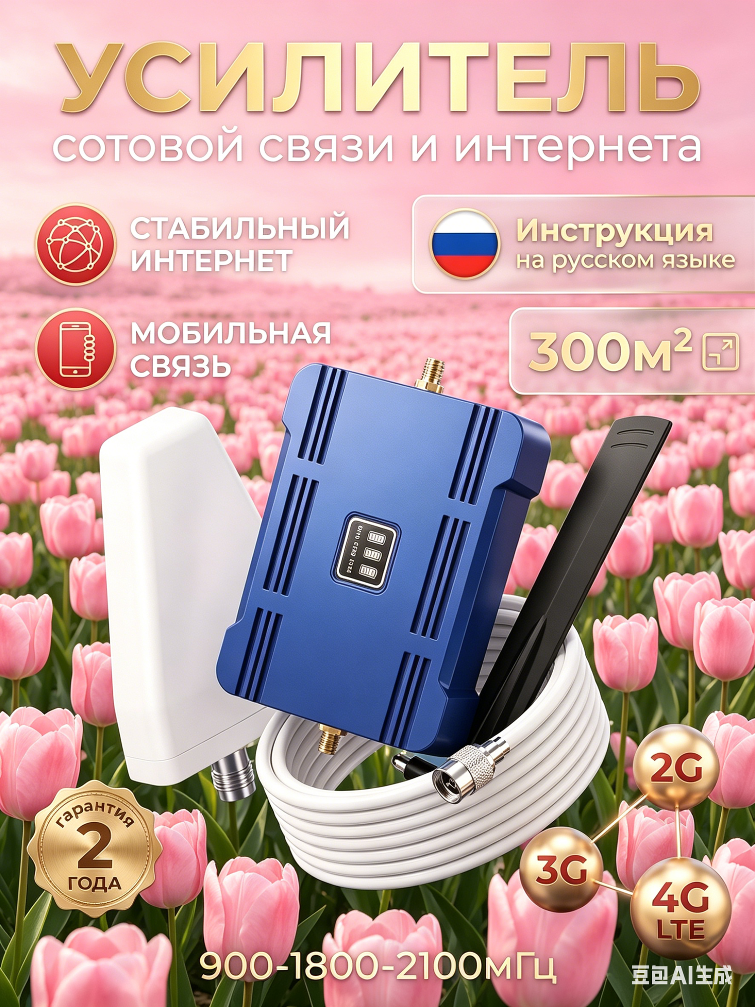 Усилитель сотовой связи 900/1800/2100 МГц (2G/3G/4G): до 70 км, направленный, синий, 1.3 кг